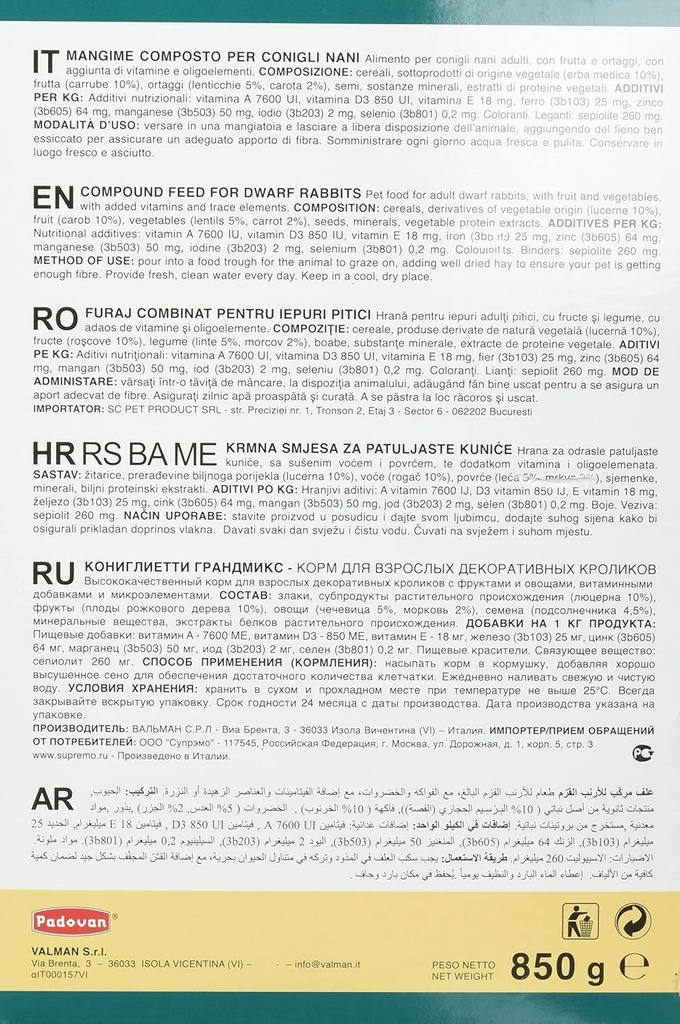 Padovan Grandmix Coniglieti(Bunnies) For Rabbit[Weight - 850g] | SMBG B2B Website